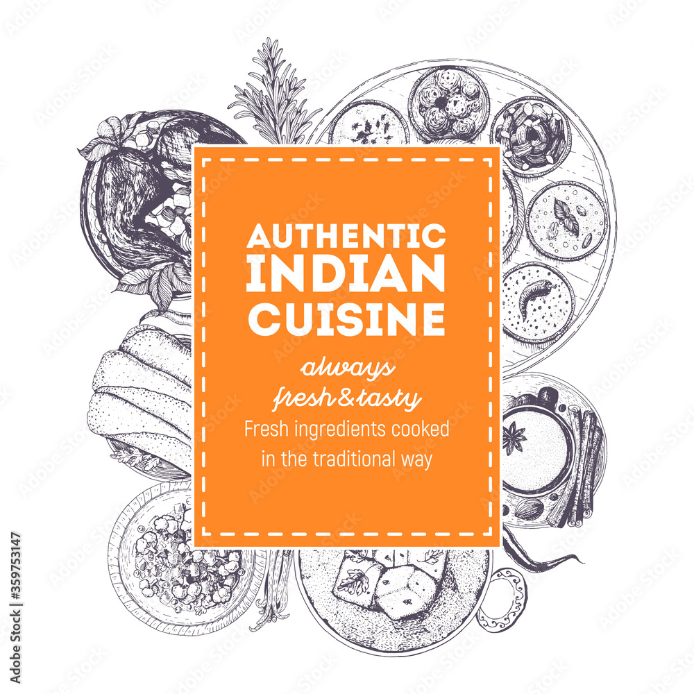Indian cuisine vector illustration. Indian food frame concept. Menu ...