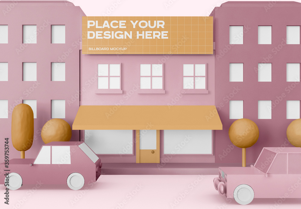 Cartoon City with Shop Sign Mockup Stock Template | Adobe Stock