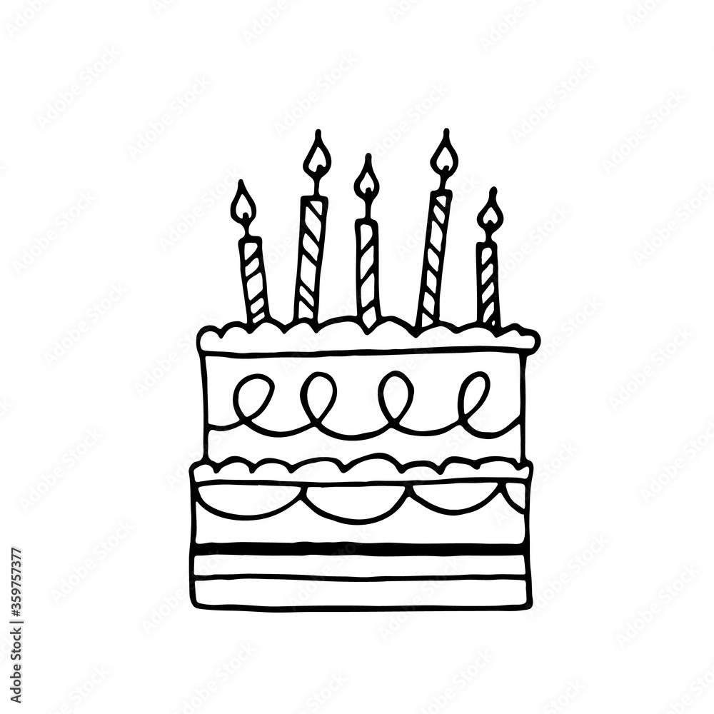 Doodle two-level cake with candles. Sketch cartoon cake isolated on ...