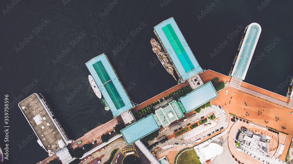Top view aerial photo from flying drone of urban ferry. Marina port ...
