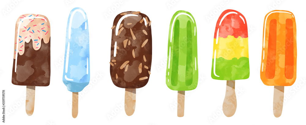 Watercolor ice cream, ice lolly and eskimo pie on a stick with nuts ...