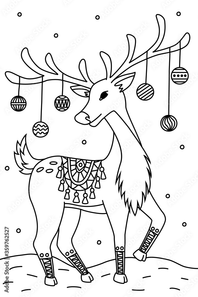 Coloring page with cute Christmas deer with ornaments. Vector ...