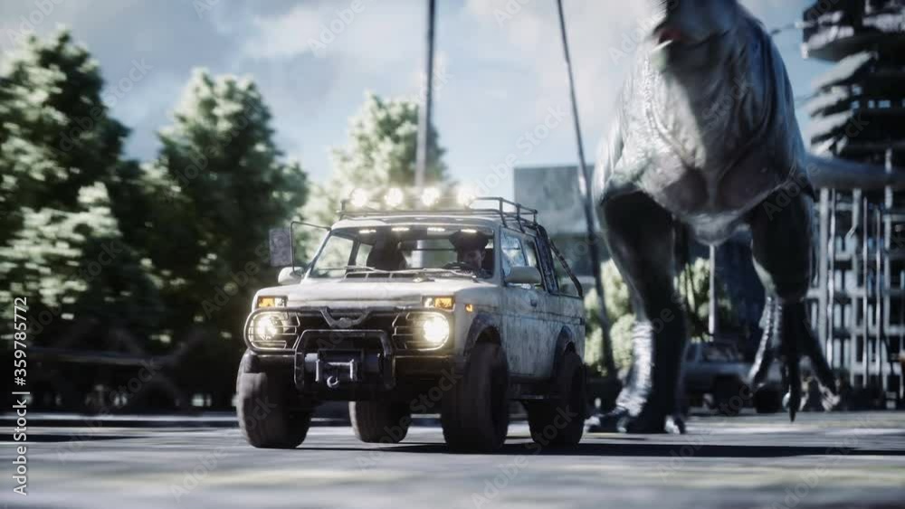 dinosaur rex running behind the car in destroyed city. Dinosaurs ...