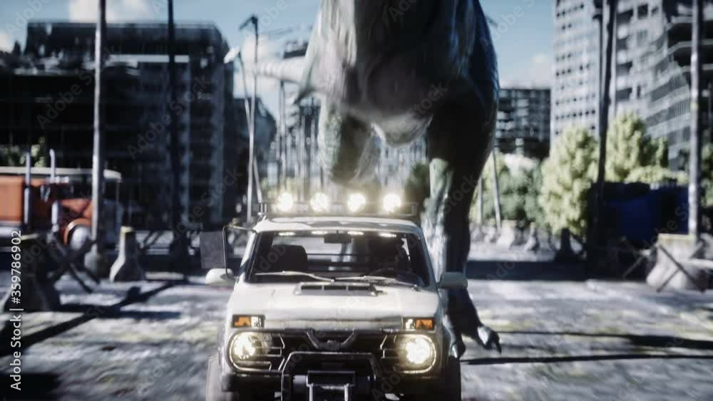 dinosaur rex running behind the car in destroyed city. Dinosaurs apocalypse. Concept of future ...