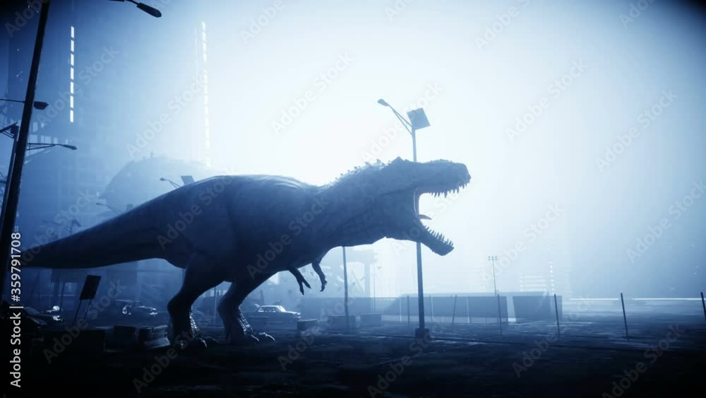 terrible dinosaur trex in the night destroyed city. Apocalypse concept ...
