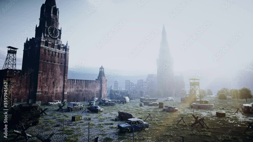 Apocalypse of Russia. Aerial View of the destroyed Moscow city, red ... Apocalypse of Russia. Aerial View of the destroyed Moscow city, red ...