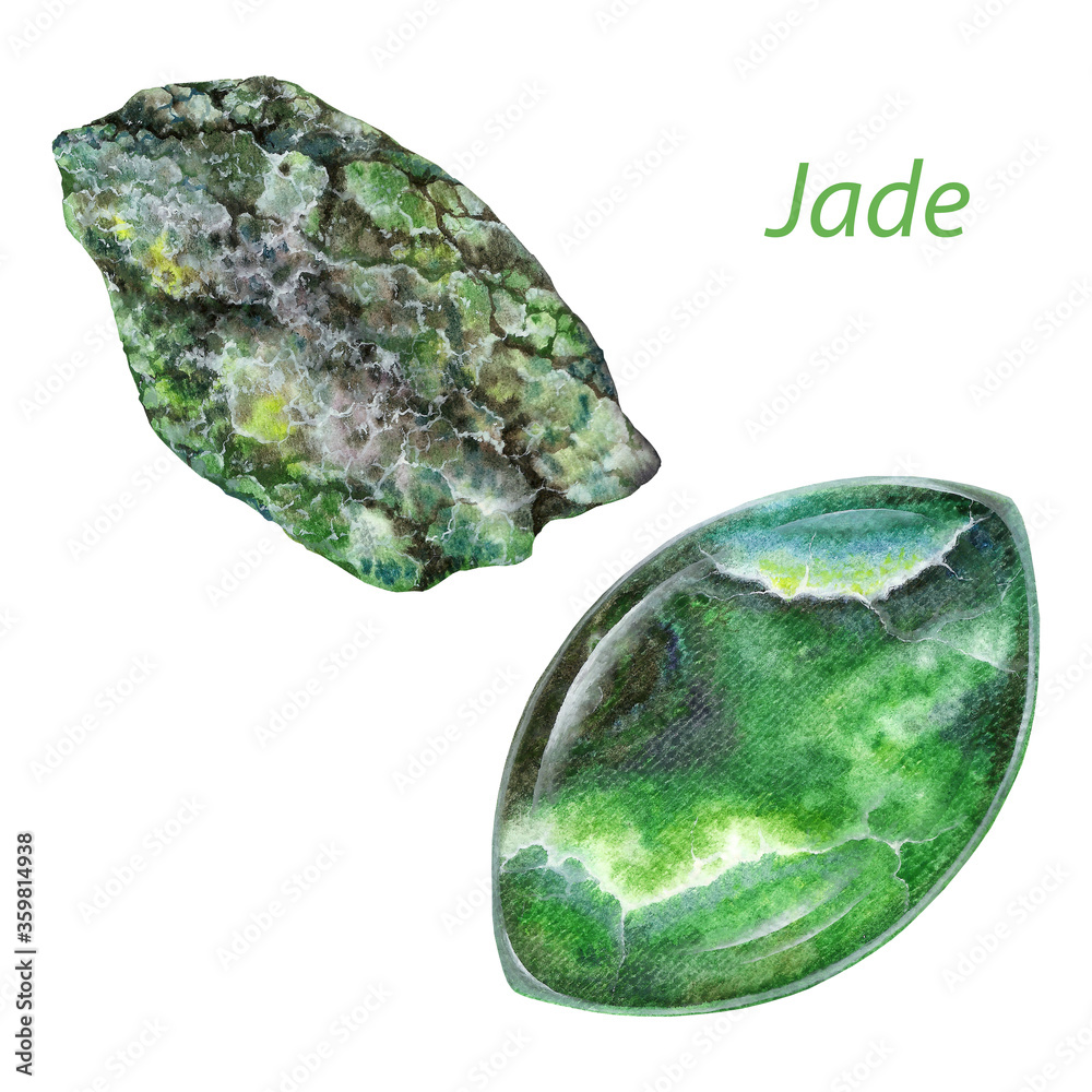 Green Jade watercolor gems. Heart chakra stones and healing crystals ...