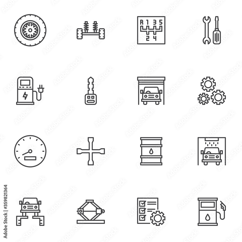 Car Service Line Icons Set Outline Vector Symbol Collection Auto Repair Linear Style Pictogram