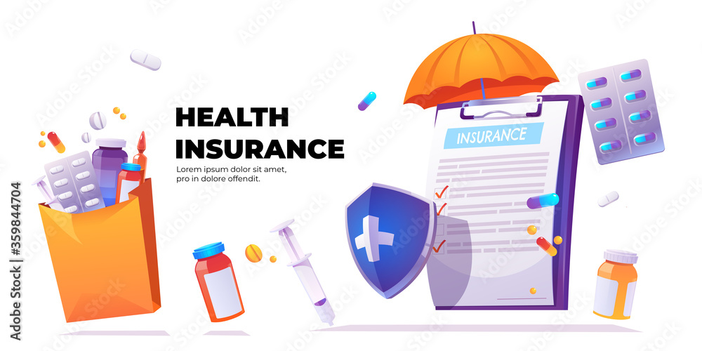 Health insurance banner. Vector poster with cartoon illustration of ...