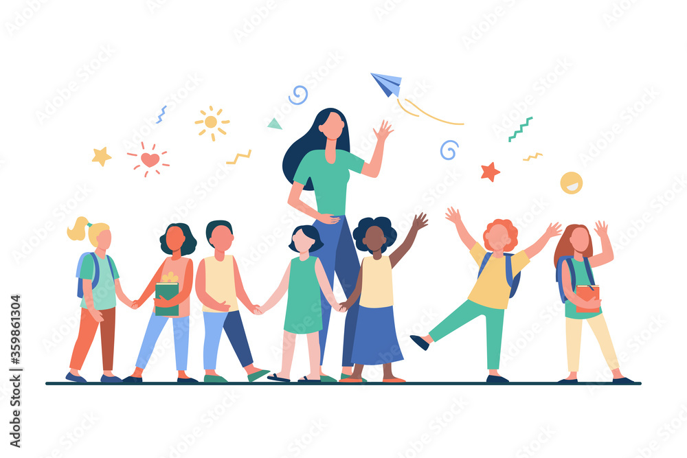 Young teacher with joyful kids isolated flat vector illustration ...