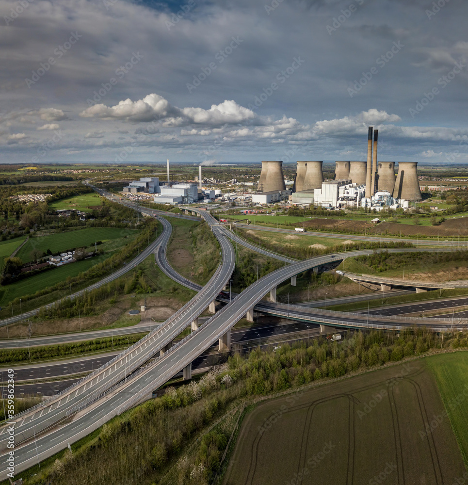 M62 and A1 Motorway in Yorkshire, England drone aerial photo showing ...