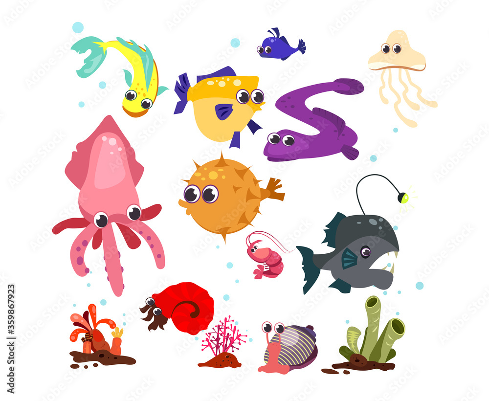 Sea cartoon characters set illustration. Different sea animals and ...