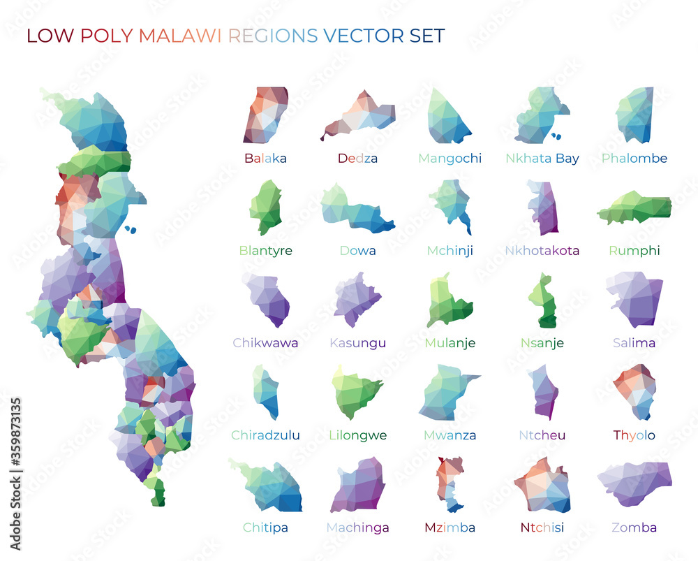 Malawian low poly regions. Polygonal map of Malawi with regions ...