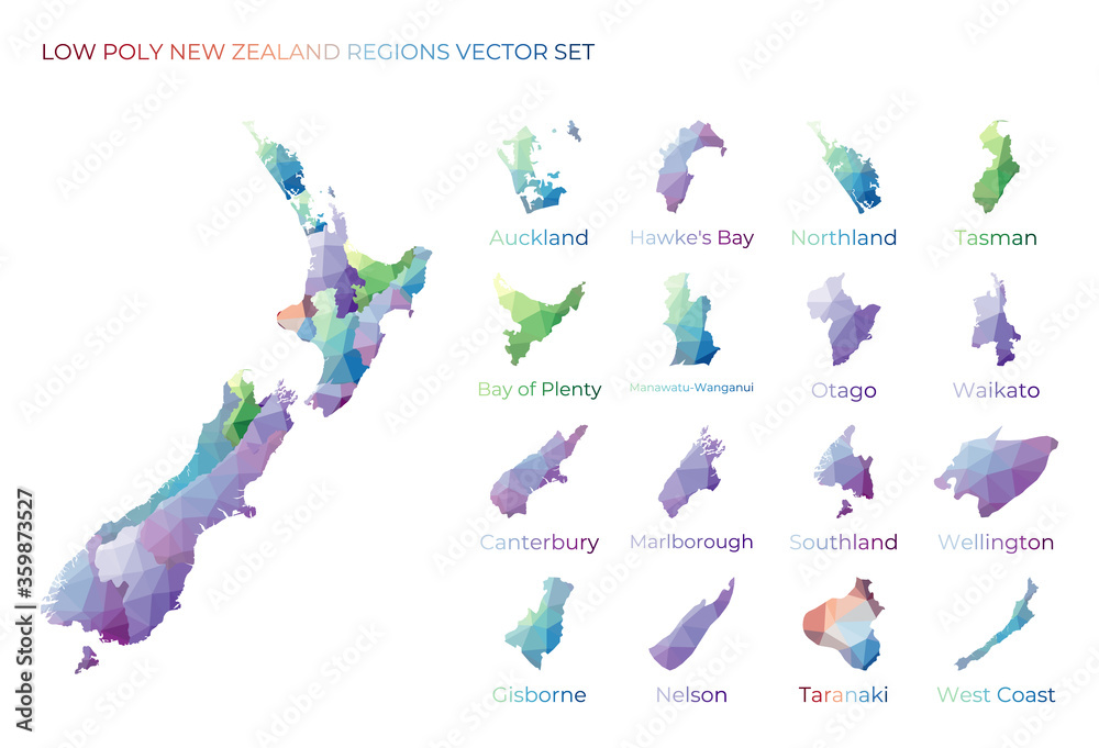 New Zealander low poly regions. Polygonal map of New Zealand with ...