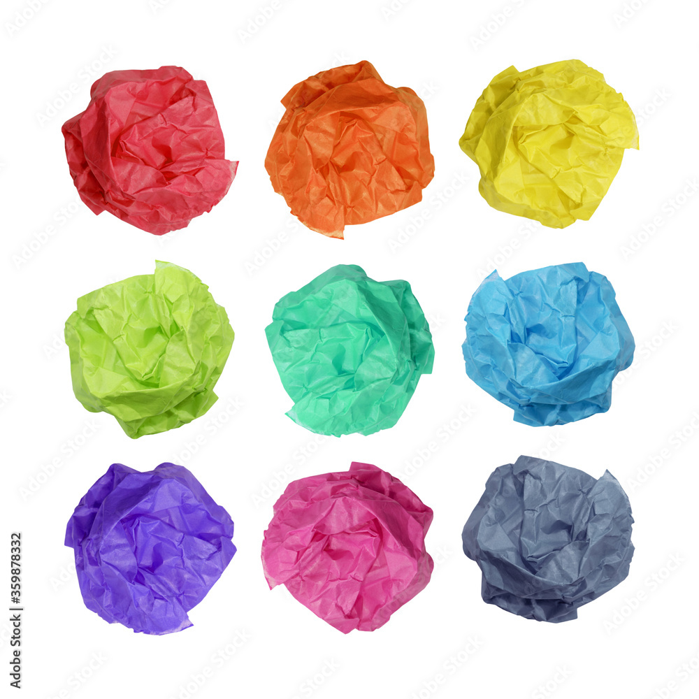 Set of multi-colored paper balls isolated on white background. A clump ...