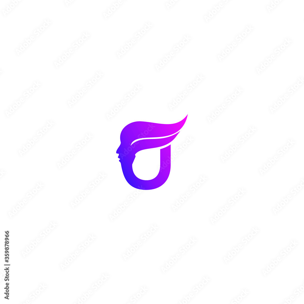 U alphabet with swirls and woman portrait with wavy hair.Beauty salon ...