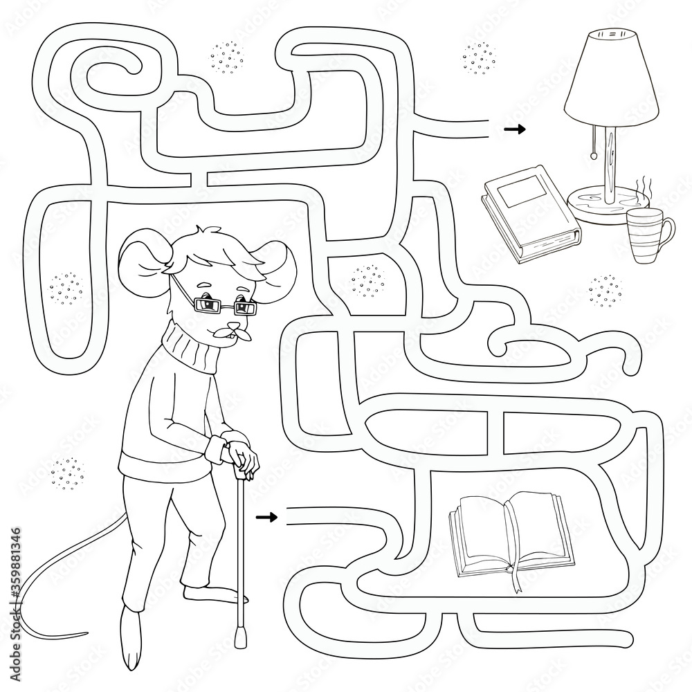Labyrinth. Maze game for kids. Help cute cartoon grandfather mouse find ...