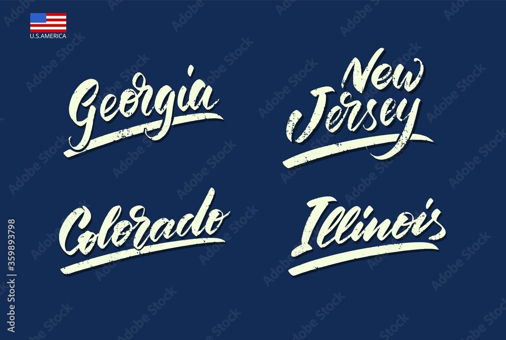 Set of the names of the states of America written with a brush. Stock ...