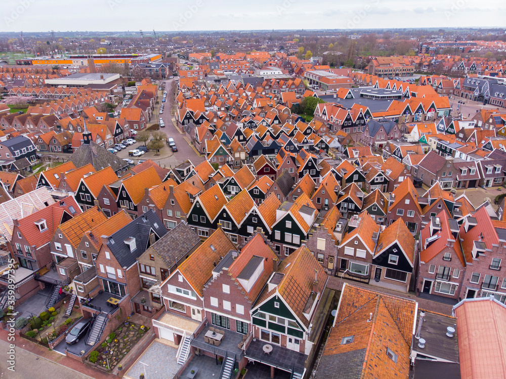 Aerial Shot of the typical Dutch houses in Volendam showing the typical ...
