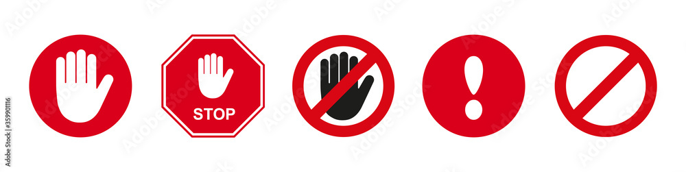 Red STOP signs. Set of road signs . No entry . Icon with hand ...