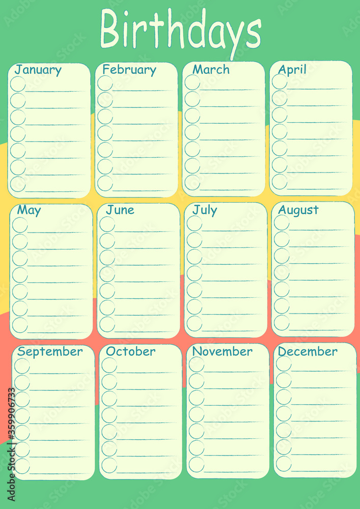 Vector Color Birthday List for Print Stock Vector | Adobe Stock