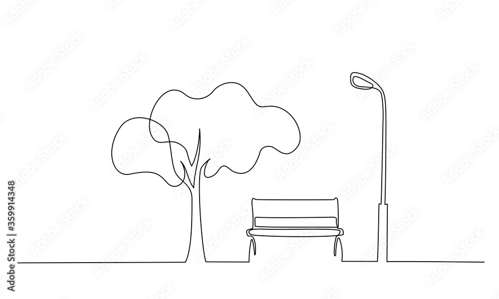 Bench in park near tree and lantern. One line drawing Stock Vector ...