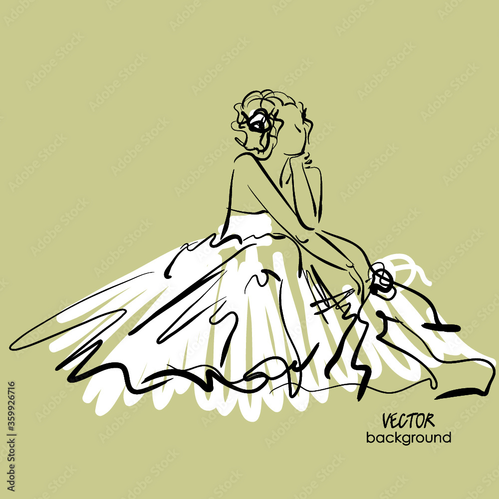 art sketching sitting beautiful young bride in white dress with the ...