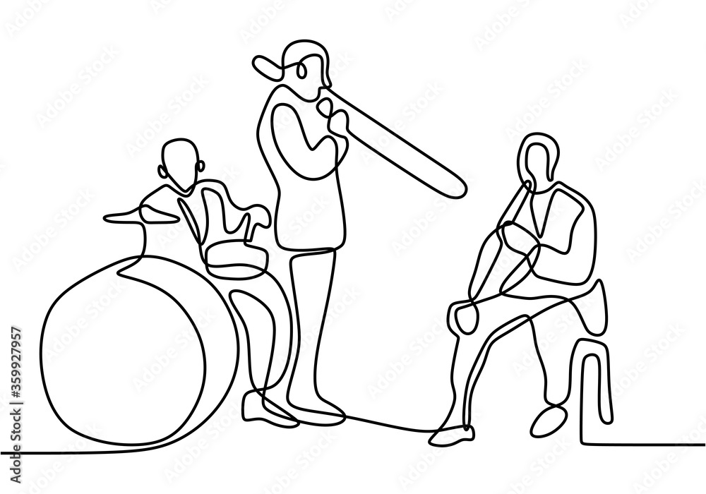 Continuous line drawing of music jazz. Three people jazz group ...