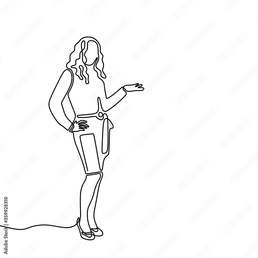 Continuous line drawing of happy standing woman pose. Young pretty girl ...