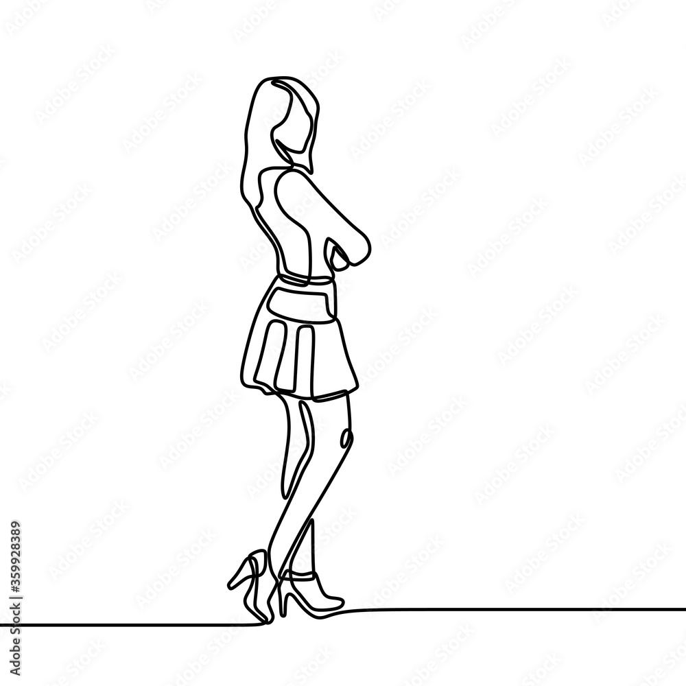 One continuous line drawing of standing confident woman with crossed ...