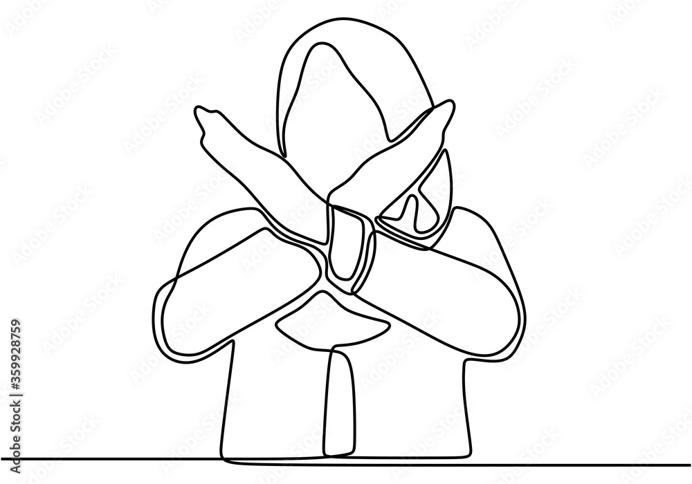Continuous one line woman with long hair makes hands prohibition sign ...