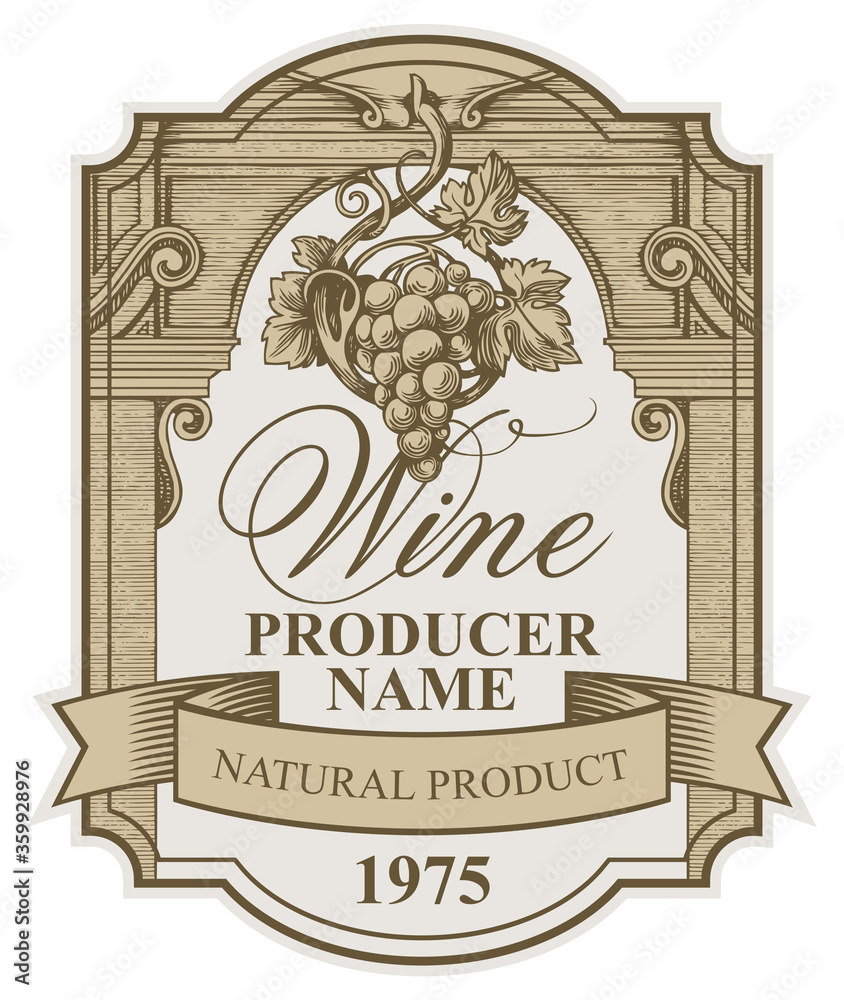 Wine label with a bunch of grapes, a ribbon and inscriptions in a ...