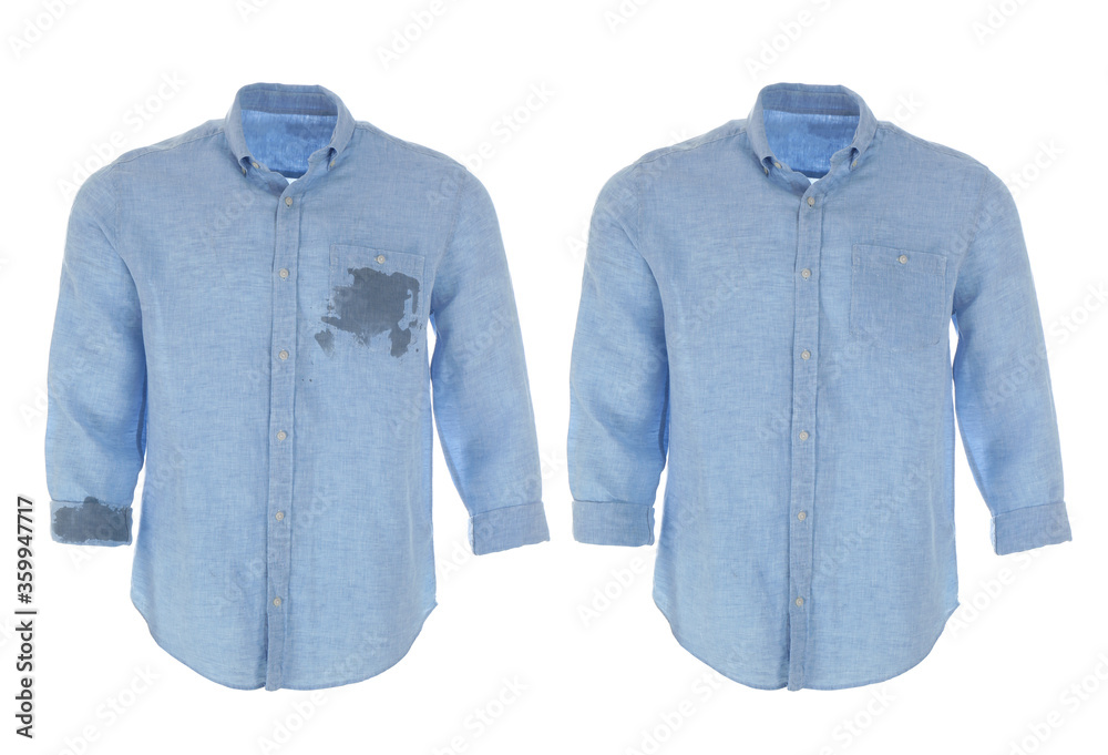 Stylish shirt before and after dry-cleaning on white background Stock ...