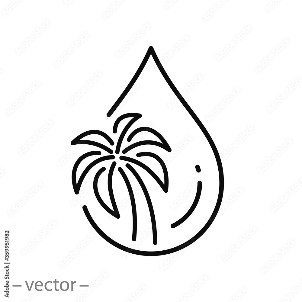 palm oil free icon, tree with drop, thin line symbol on a white ...