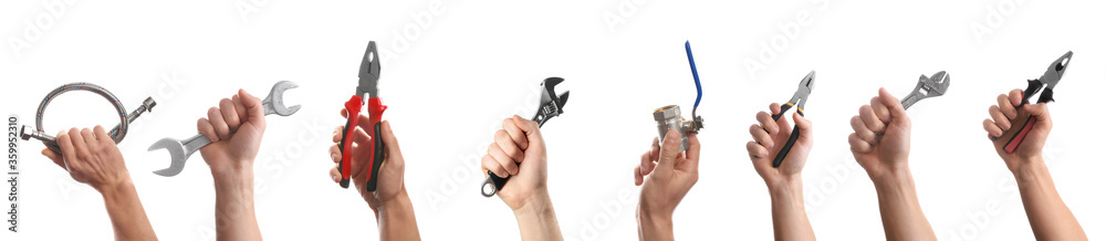 Set with photos of people holding different tools on white background ...
