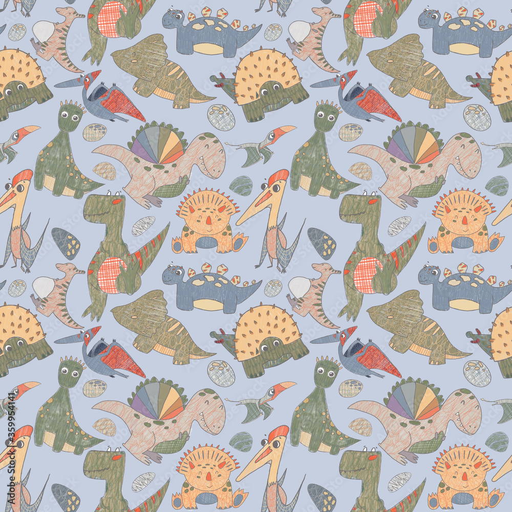 Seamless pattern on blue background of dinosaurs with Tyrannosaur ...