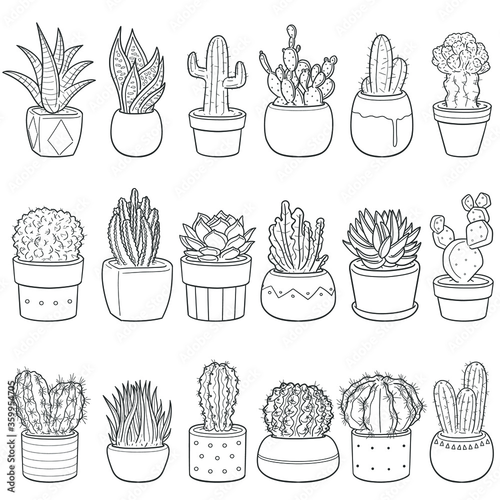 Cactus and Succulents doodle icon set. Plant in Pot Vector illustration ...