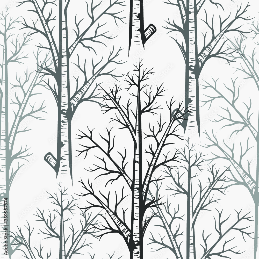 Vector Black and White Birch Seamless Pattern Stock Vector | Adobe Stock
