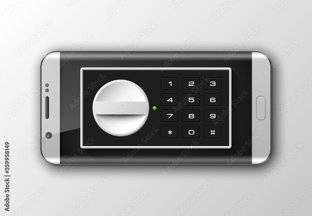Banner smartphone & safe. Advertising promo poster phone & Strongbox ...
