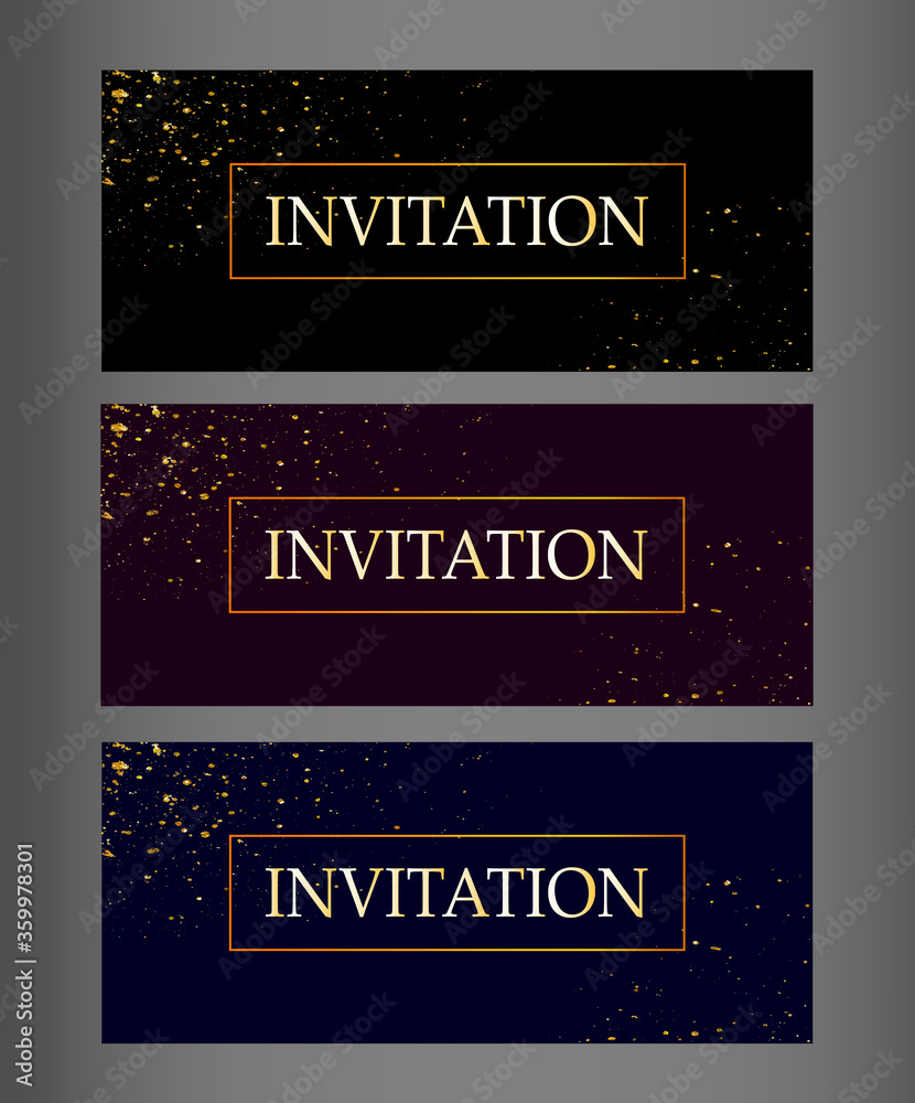 Invitation card in three colors with gold design. Gold spray, golden ...