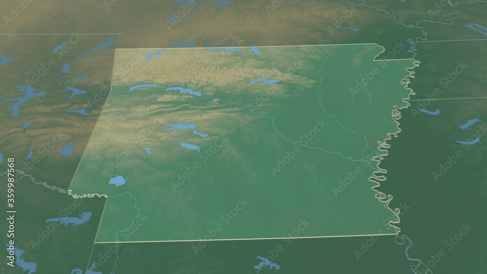 Arkansas, state with its capital, zoomed and extruded on the relief map ...