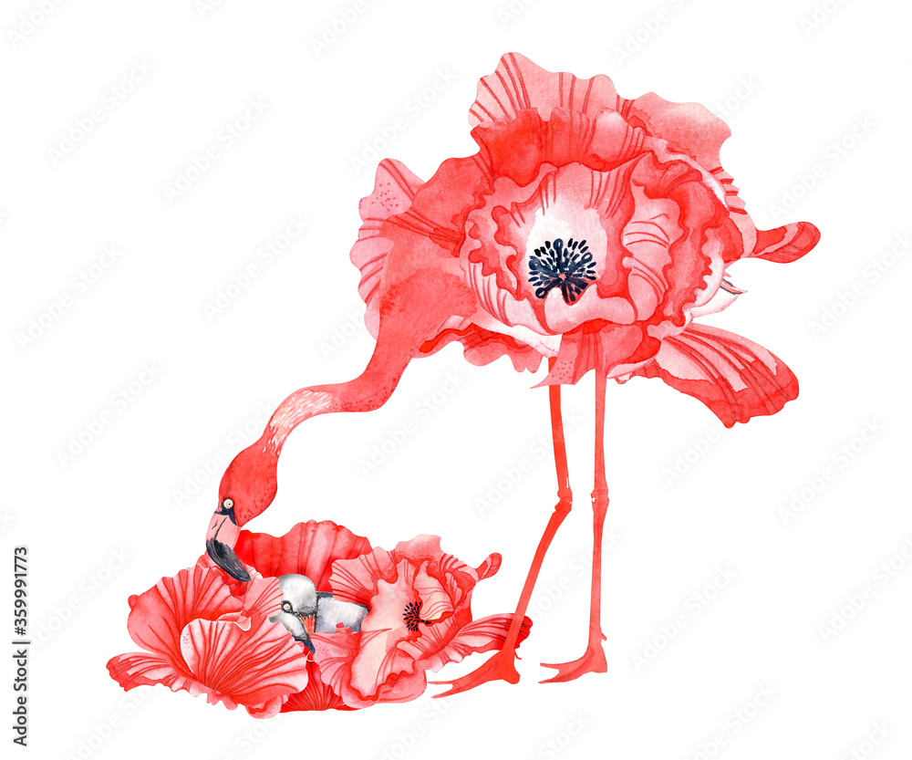 Boho orange flamingos, baby flamingo, red poppy flowers clip art ...