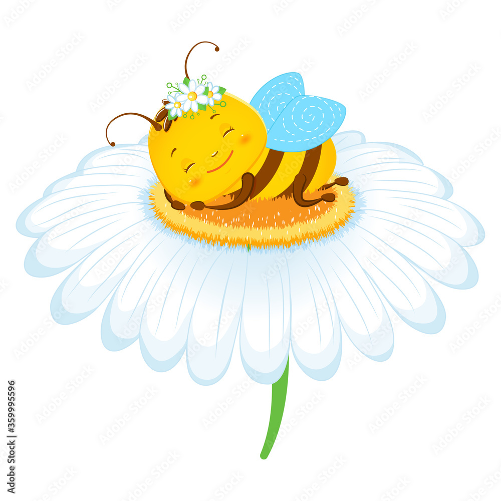 Cute cartoon bee sleeping on a camomile. Children s illustration ...