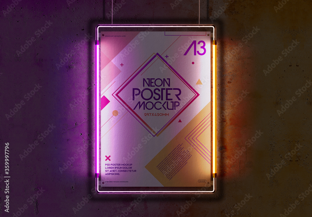 Metal Frame Poster with Neon Lights Mockup Stock Template | Adobe Stock