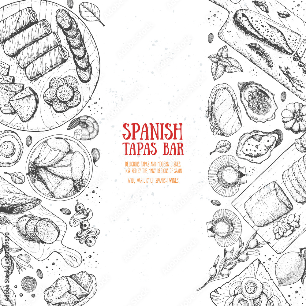 Spanish tapas, top view. Food menu design template. Vintage hand drawn ...
