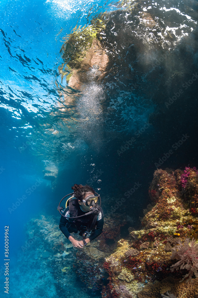 Scuba Girl Swimming in Shallows Stock Photo | Adobe Stock
