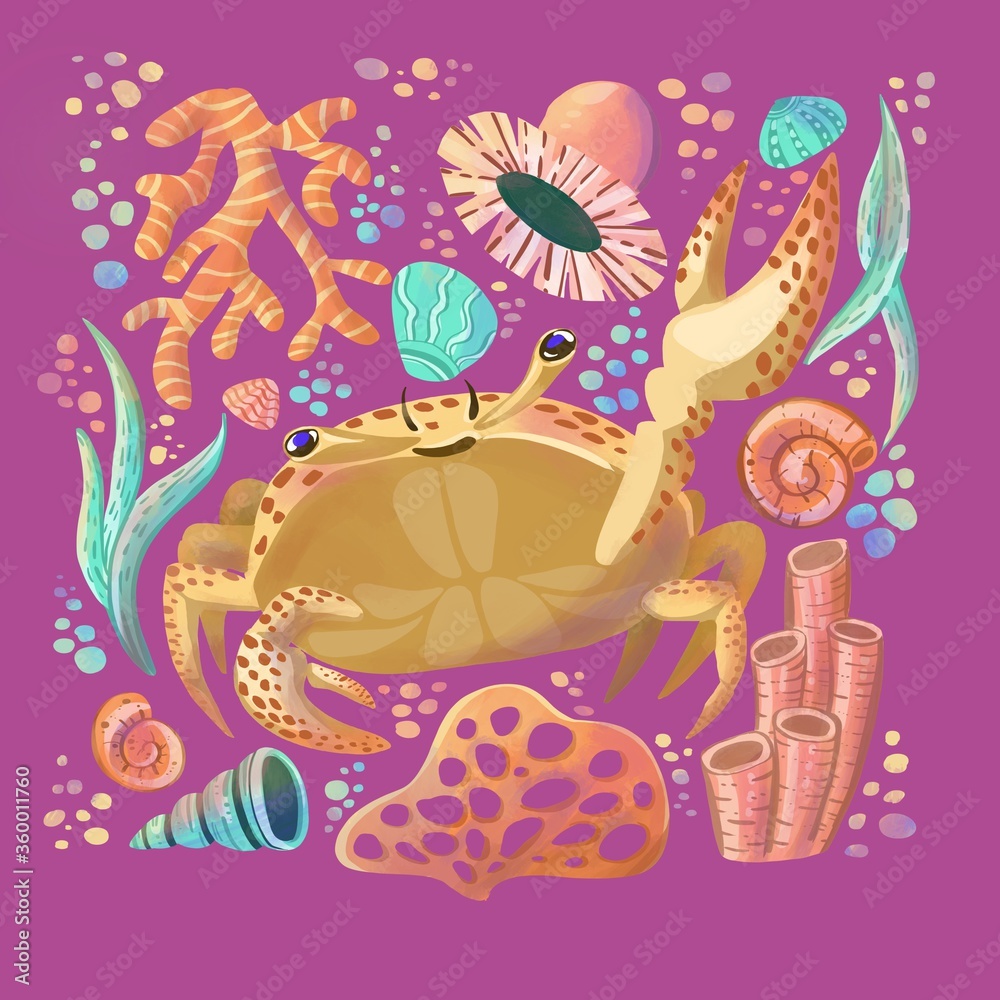 Crab doodle collage for cards, invitation, notebook design, banner, web ...