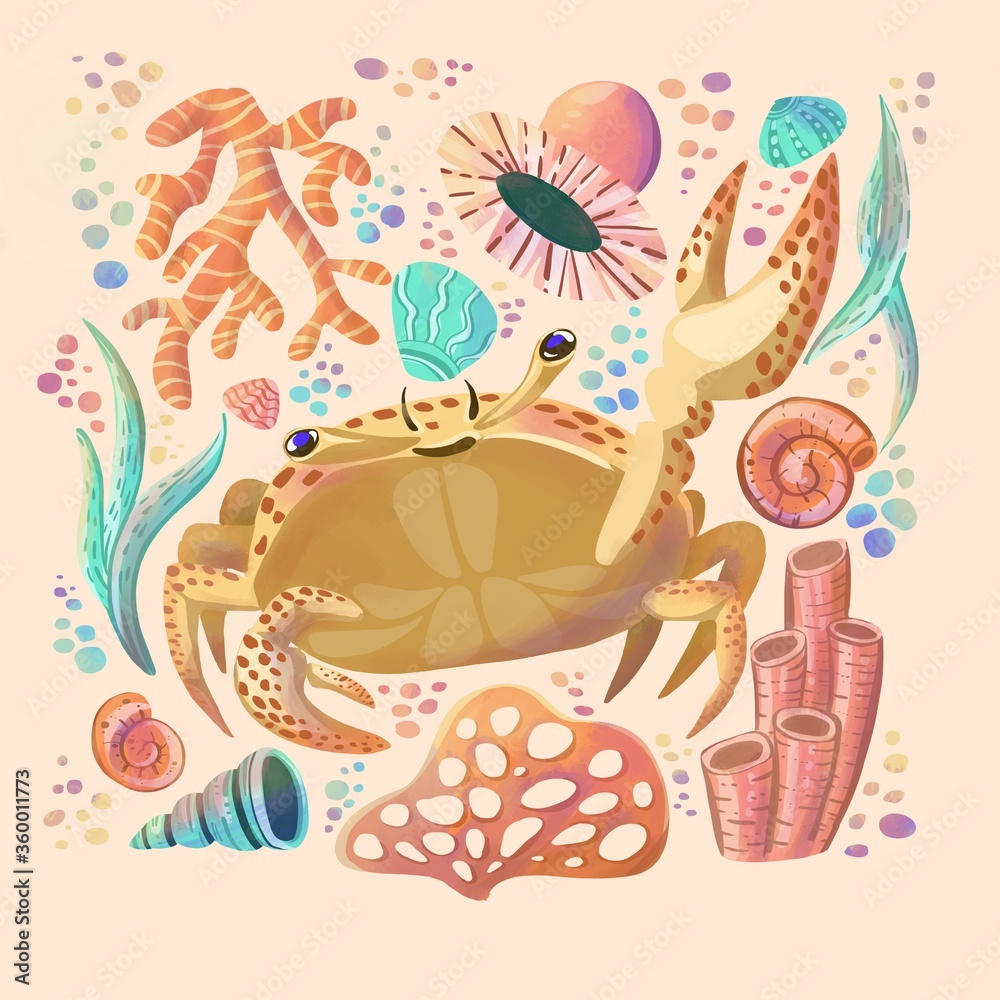Crab doodle collage for cards, invitation, notebook design, banner, web ...