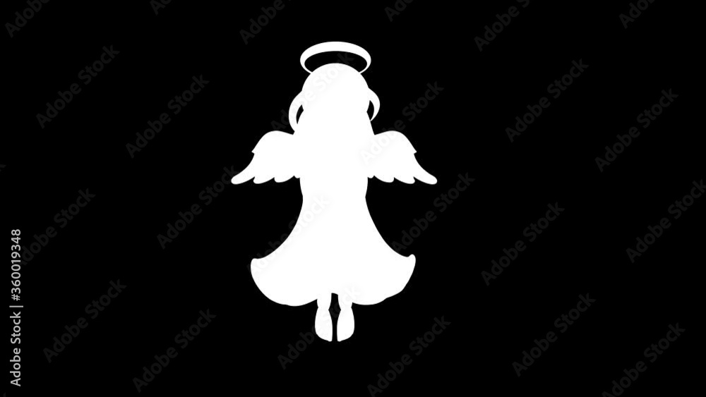 A drawn stylized angel with moving wings and a halo above his head ...