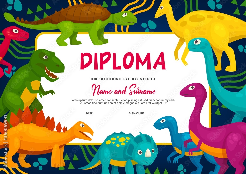 Kids diploma with cartoon dinosaurs, vector template. School or ...